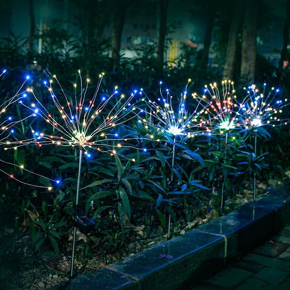 MOFAIRHOME 90LED Outdoor Solar Garden Lights, Waterproof 2 Flash Modes 50 Copper Wire String, Firework Stake Starburst Fairy Light, DIY Flowers Trees for Walkway Patio Lawn Backyard Christmas (Color)