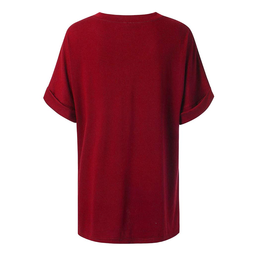 Muicook Women's V Neck T Shirt Rolled Sleeve Side Split Tunic Tops Summer Loose Casual Tops(Large,WineRed )