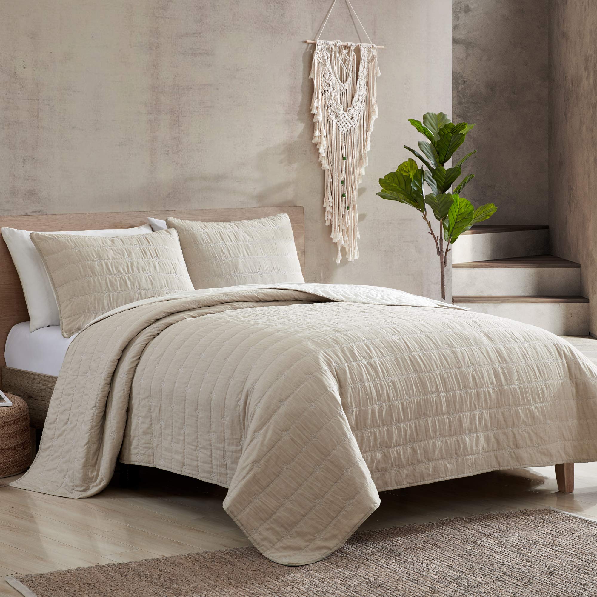 Modern Threads 3-Piece Everly Embroidered Quilted Coverlet Set with Matching Shams, Decorative Pillows Linen/Cream Queen