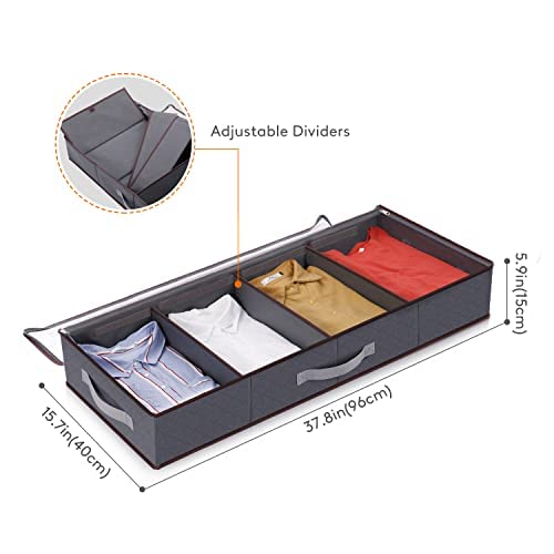 Lifewit Under Bed Clothes Organizer Large Adjustable Dividers Storage Bag with Durable Fabric, Reinforced Handle, 4 Clear Window for Clothing, Shoes, Blankets, Sweaters, Grey, 2 Pack