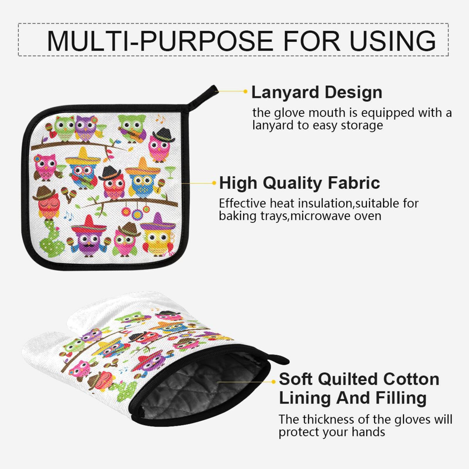 Oven Mitts Set Cinco De Mayo Owl Birds Pot Holders Spring Summer Kitchen Oven Glove Baking Mitts 2PCS Cooking Stove Gloves Potholders Heat Resistance Hot Pads for Grilling BBQ Holiday Decor Gift