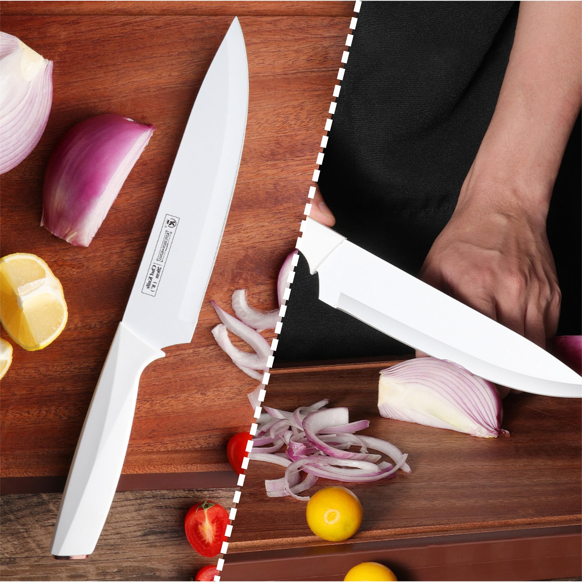 Knife Set,7pcs Kitchen Knives Set With Block & Sharpener Stainless Steel White Acrylic Rotatable Knife Holder,Dishwasher Safe Home Essentials for New