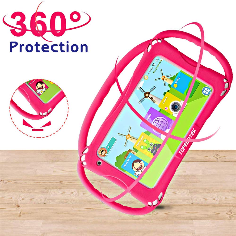 TOPELOTEK Kids 7.0 Inch Tablet with 32GB Storage, 1.6GHz Quad-Core CPU, Android 9.0, Wifi, Bluetooth, Cameras, 4000mAh Battery, 3-Hand Silicone Case, Adjustable Stand