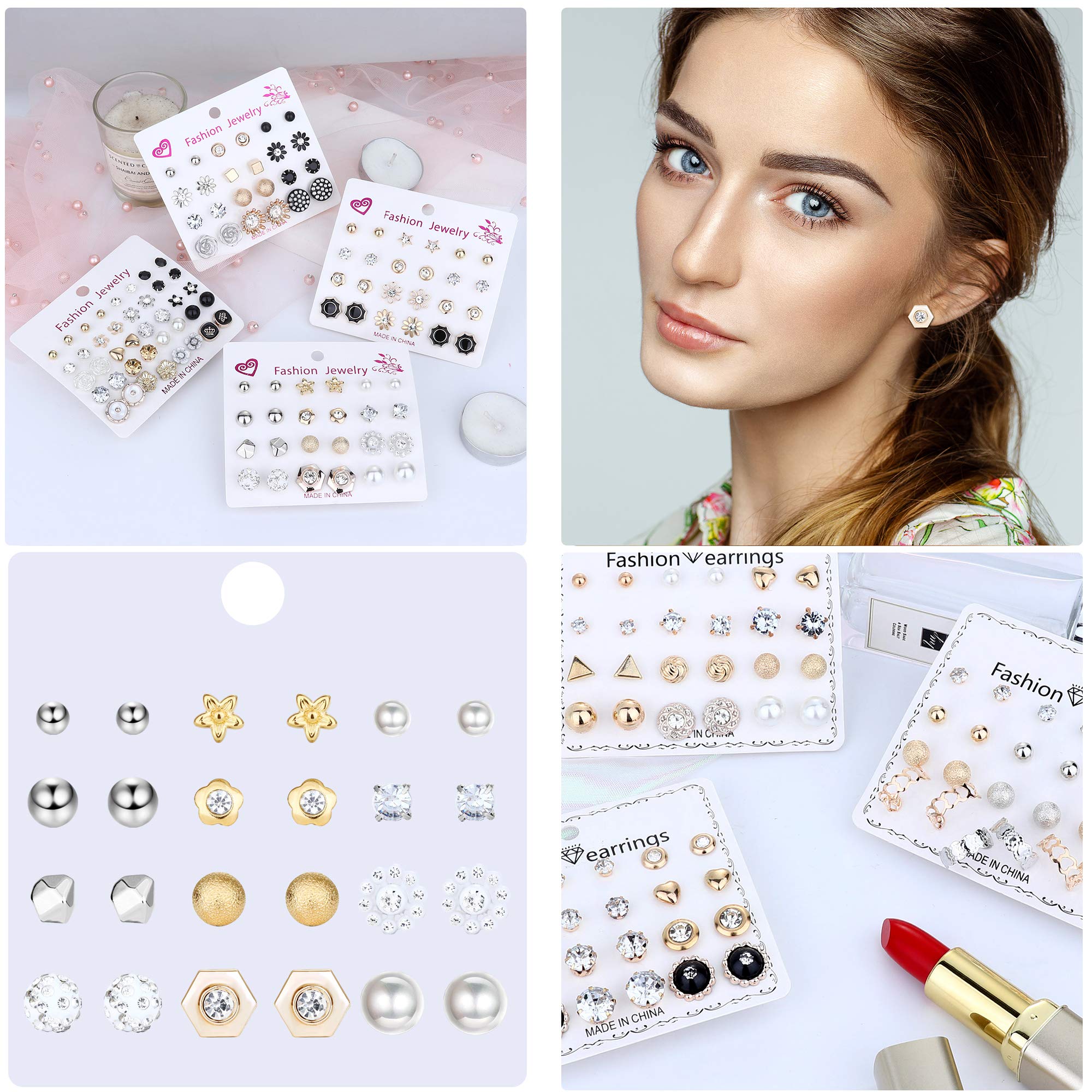 Magitaco 92 Pairs Small Stud Earrings Set for Women Men Simple Triangle Circle Ball Earrings Stud Black Silver Gold Pearl Rhinestone Cute Earrings Pack