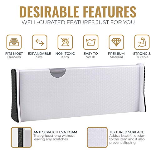 RAPTUROUS Adjustable Drawer Dividers 3 Pack, 4” High, 11-17” Long, Dresser Drawer Divider for Bedroom, Closet, Kitchen, Nursery Organization, Office, Strong & Sturdy Hold, Soft Foam Edges(White)