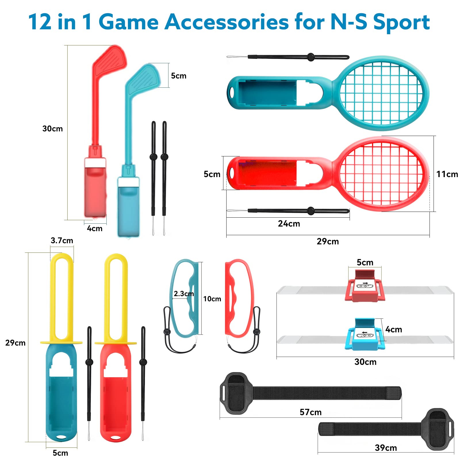 Switch Sports Accessories Bundle For Switch, 12 in 1 Family Accessories Kit with Sword, Grip, Leg Straps, Tennis Rackets, And Wrist Straps