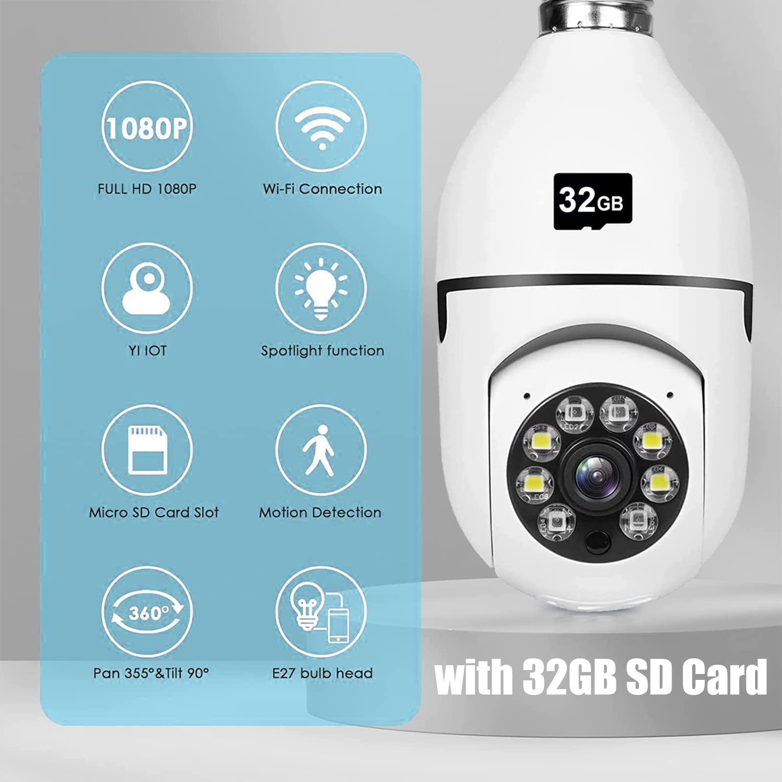 Light Bulb Camera,360 Light Bulb Security Camera,Light Socket Security Camera,2.4G/5GHz Smart Wireless WiFi 1080P HD Security Camera for Indoor- Outdoor,Motion Detection(2pc- with 32GB SD Card)
