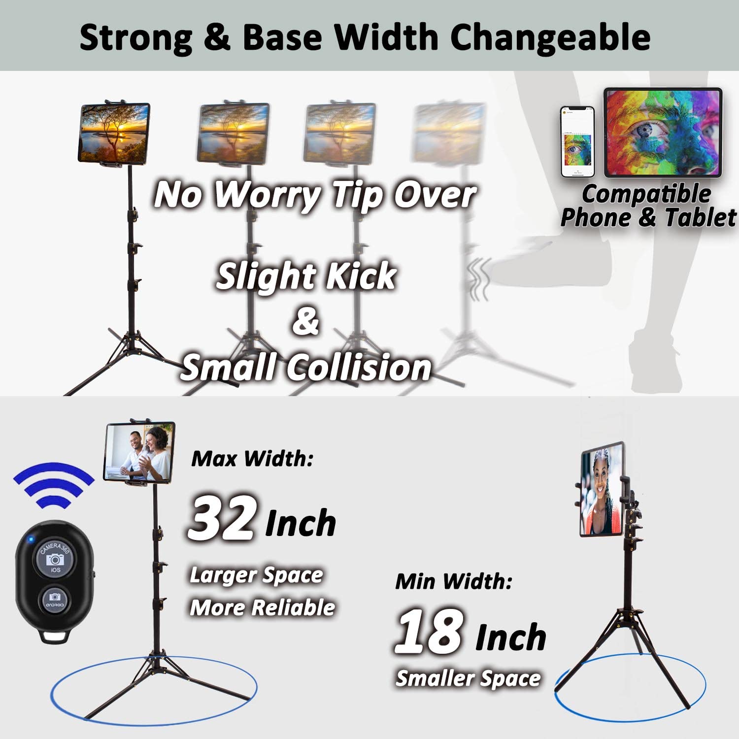 Tablet Floor Tripod, Cell Phone Floor Stand, iPad Holder Stand with Adjustable Height and 360° Rotating Tripod iPad Mount for iPad Mini Pro 12.9/9.7/11, Air, iPhone, 4.7-13" Tablet Cell Phones