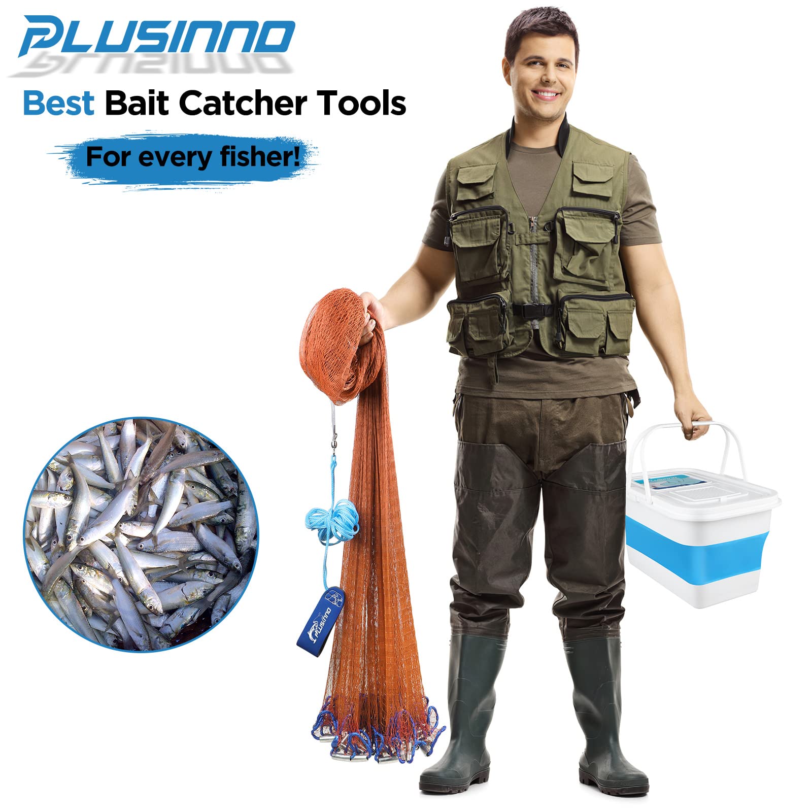 PLUSINNO Fishing Cast Net with Foldable Bucket, 3/8 Inch Mesh Size Cast Nets for Fishing, 4ft/5ft/6ft/7ft Radius Fish Casting Net Freshwater Saltwater, Heavy Duty Throw Casting Nets for Bait Fish