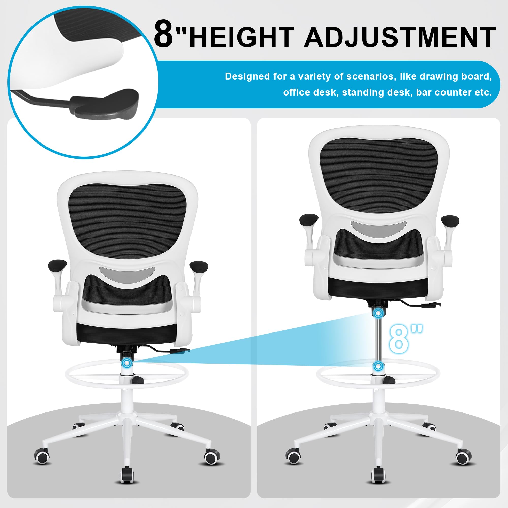 Misolant Drafting Chair, Tall Office Chair for Standing Desk, High Office Chair Ergonomic Desk Chair with Adjustable Height and Footrest, Office Drafting Chair Lumbar Support White