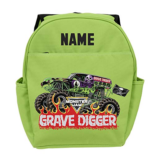 Monster Jam Grave Digger Personalized Backpack with Custom Name Printed on Green Book Bag | Zippered Compartments and Side Water Bottle Pockets | Youth Size School Bag