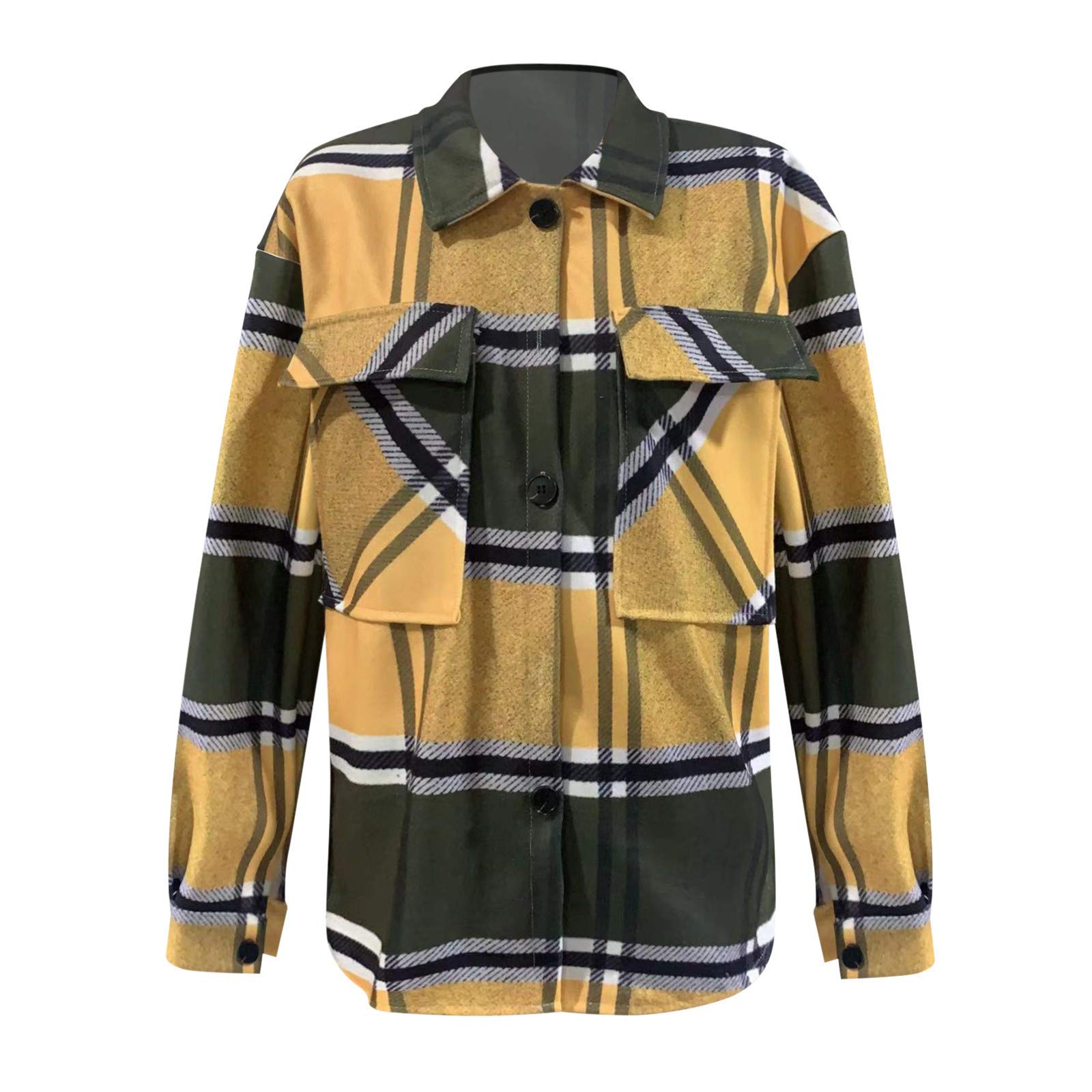 Plaid Shacket Womens, Womens Corduroy Button Down Shirts Boyfriend Long Sleeve Oversized Blouses Tops Plaid Jackets for Women Yellow
