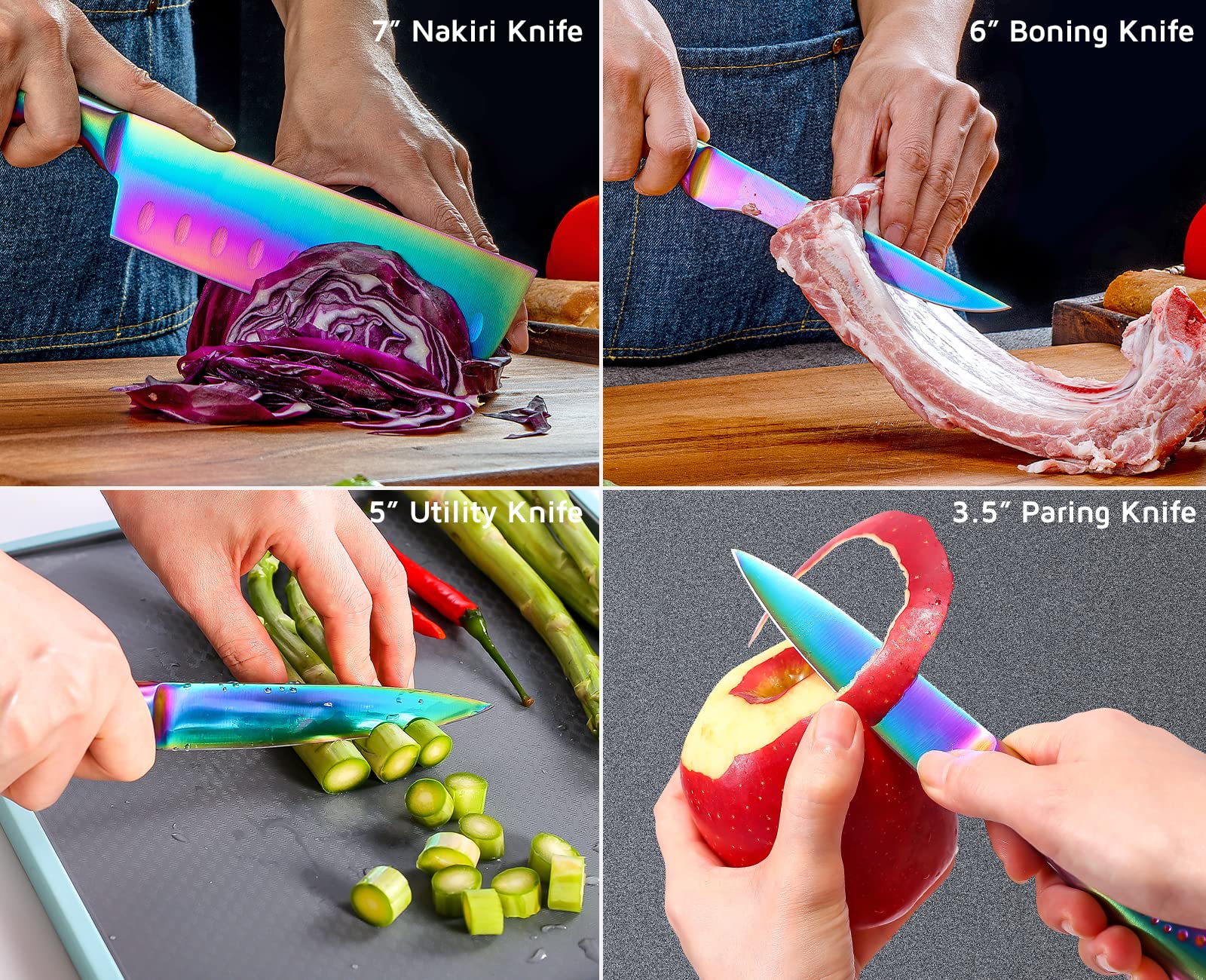 WELLSTAR Rainbow Knife Set 16 Pieces with 8 Knives and 8 Blade Guards, Iridescent German Stainless Steel Kitchen Knives with Durable Sheath Cover, Colorful Titanium Coated Chef’s Cooking Knife Set
