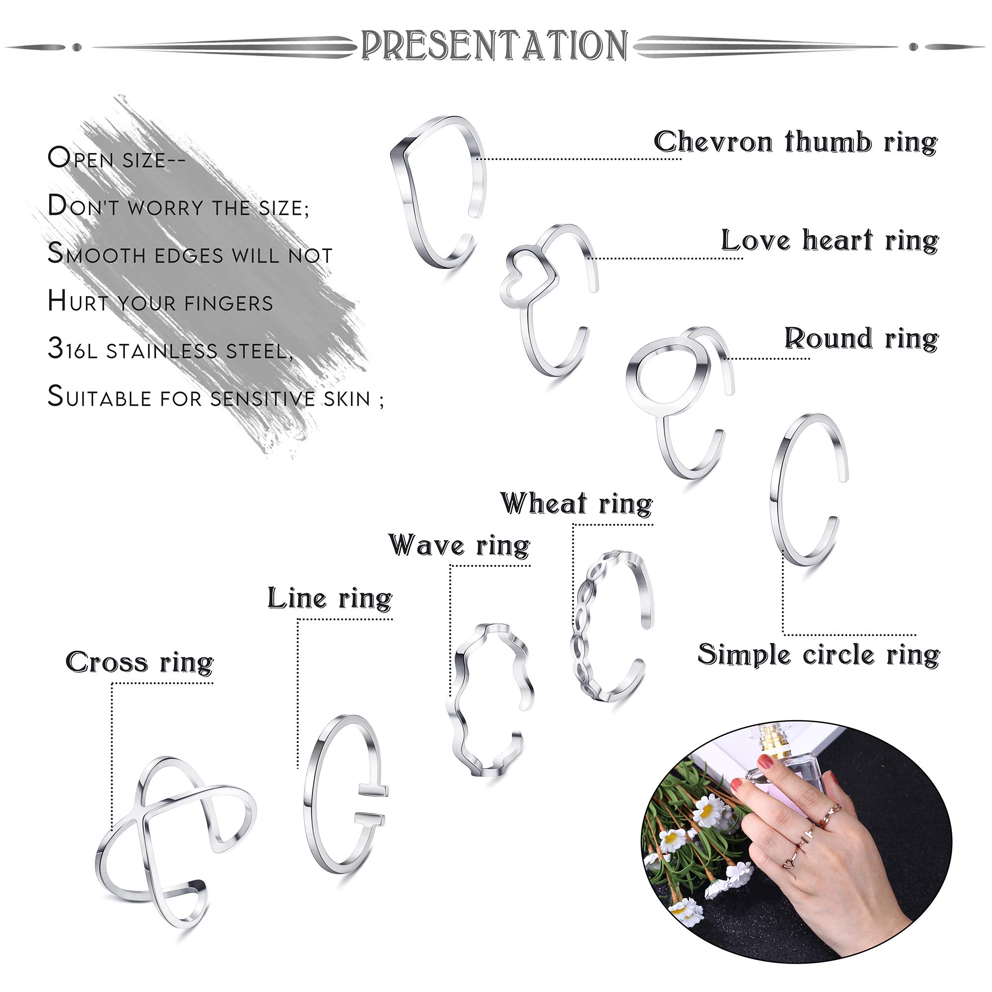 LOYALLOOK 8Pcs Simple Knuckle Stacking Midi Ring Set for Women Stainless Steel Women's Fashion Band Midi Rings Adjustable Size