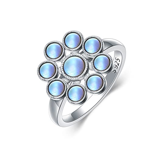 PLATYCO Moonstone Ring for Women 925 Sterling Silver Round Moonstone Rings Moonstone 9 Stone Engagement Rings (10)