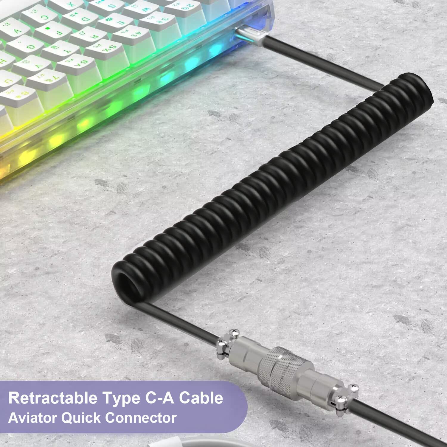 Rocketek Custom Coiled USB C Cable for Gaming Keyboard, Double-Sleeved Mechanical Keyboard Cable with Detachable Metal Aviator, 1.5M USB-C to USB-A Extendable Spring Cable