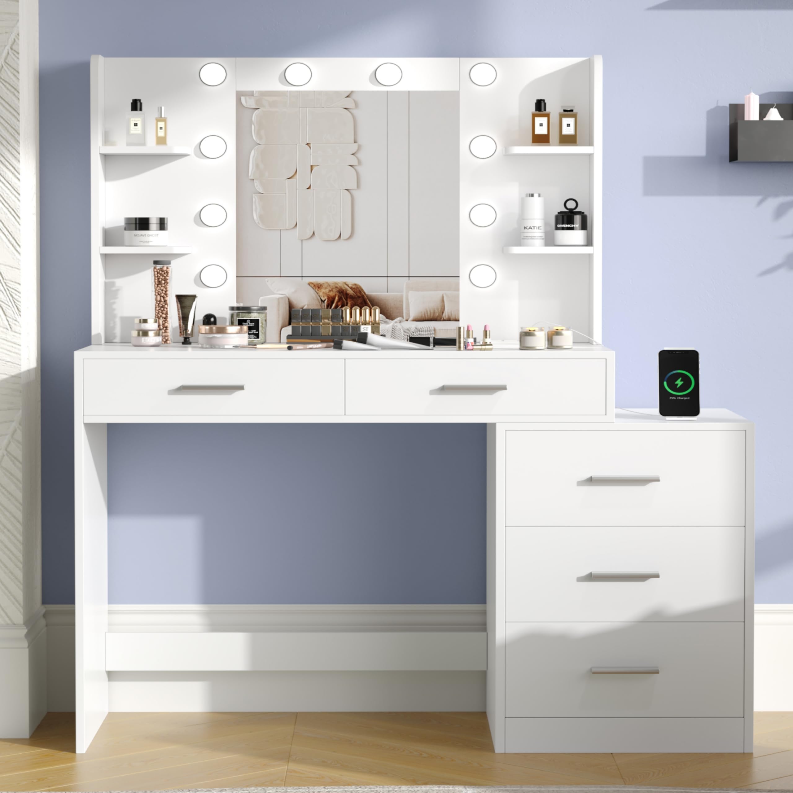 Keehusux Vanity Desk with Charging Station and Side Cabinet, Makeup Table with 3-Color Dimmable Lighted Mirror, Bedroom Makeup Vanity Table with 5 Drawers and Open Storage for Women, White KES003WSZT