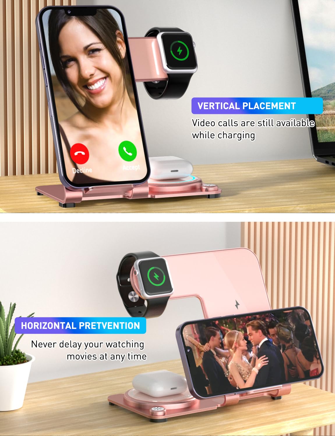 Malfsaier 3 in 1 Charging Station Pink,Aluminum Alloy Multiple Fast Wireless Charger Stand for iPhone 15/14/13/12/11/Pro/Max/XS/XR/X/8/Plus, for Apple Watch 7/6/5/4/3/2/SE, for AirPods 3/2/Pro