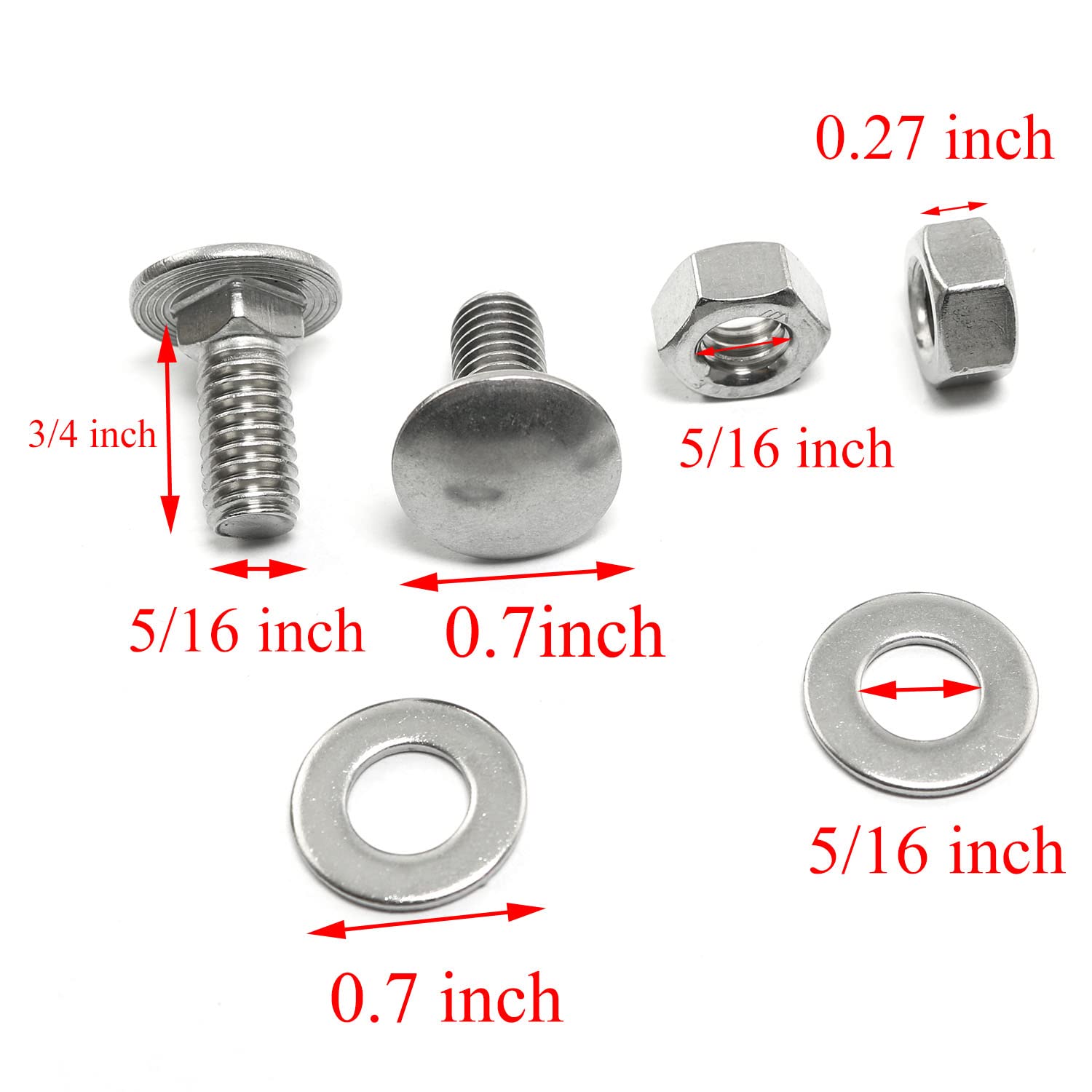 WELWIK 10pcs 5/16-18 x 3/4" Carriage Bolts with 10pcs Hex Nut and 5pcs Flat Washer, Round Head, Square Neck Stainless Steel 18-8 (304)