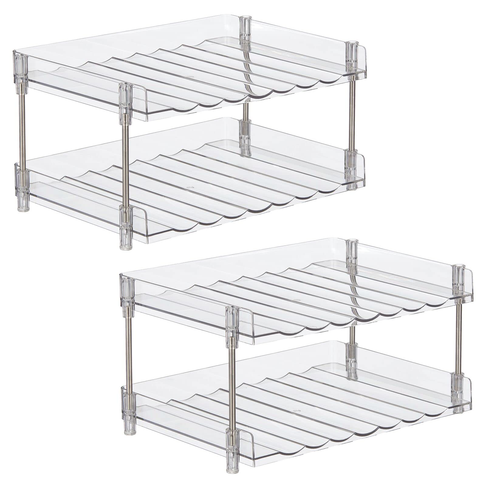 mDesign Free-Stand Stackable 2-Tier Bottle Holder, 8 Small Bottles, 6 Large Bottles of Water, Wine - Drink Organizer Shelf for Kitchen Counter, Cabinet, Pantry, Fridge, Freezer, 2 Pack, Clear/Polished