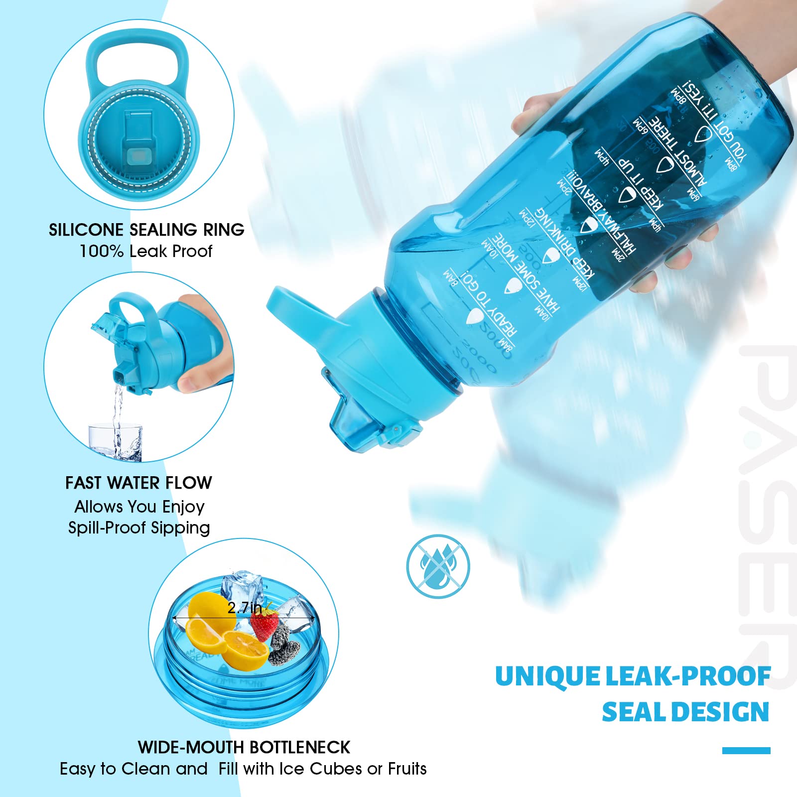 PASER 64oz/Half Gallon Water Bottle with Handle,Motivational Water Jug with Time Marker,Turquoise