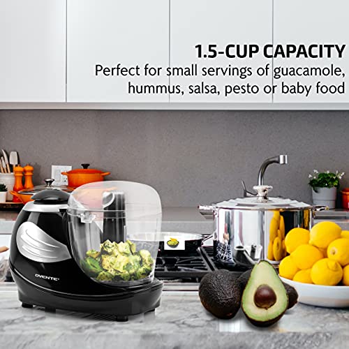 OVENTE Mini Electric Food Processor and Salad Vegetable Shake Mixer 1.5 Cup With Stainless Steel Blades Grater Slicer Chopper Juicer blenders and Emulsify Accessories Black PF1007B