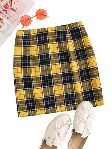 MakeMeChic Women's Plaid Skirt High Waisted Pencil Mini Skirt Yellow Navy XL