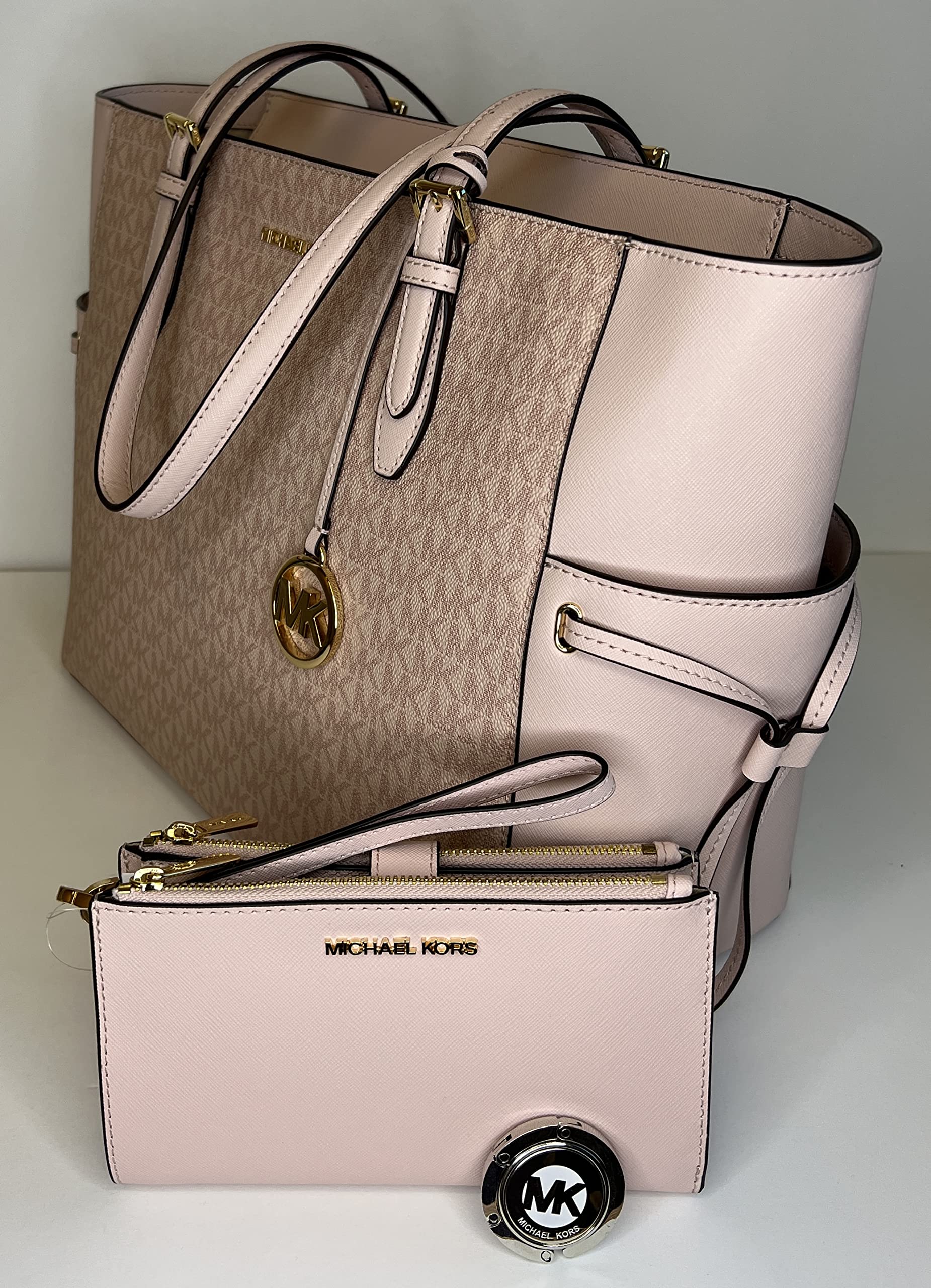 Michael Kors MICHAEL Michel Kors Gilly Large Drawstring Travel Tote bundled with Double Zip Wristlet Purse Hook (Signature MK Pink)