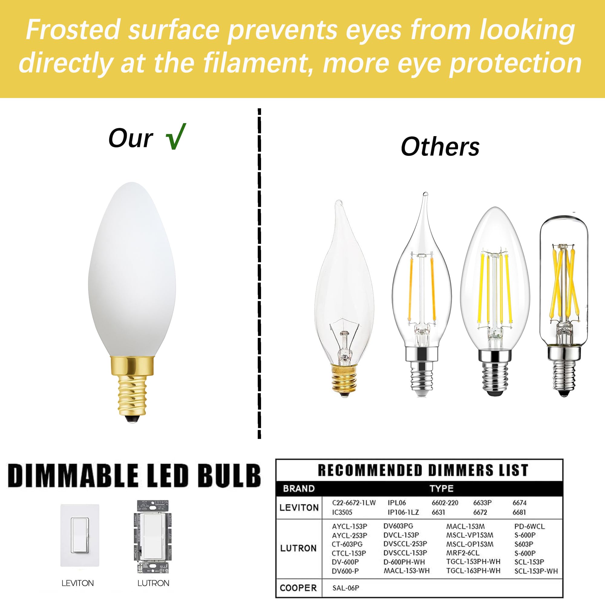 XININSUN E12 Frosted Candelabra Bulb 40W Equivalent, E12 LED Matt White Porcelain Dim-to-Warm 2000-2800K CRI 92 Excellent Color Accuracy, Dimmable LED Bulb Candle Chandelier Bulbs,6 Pack