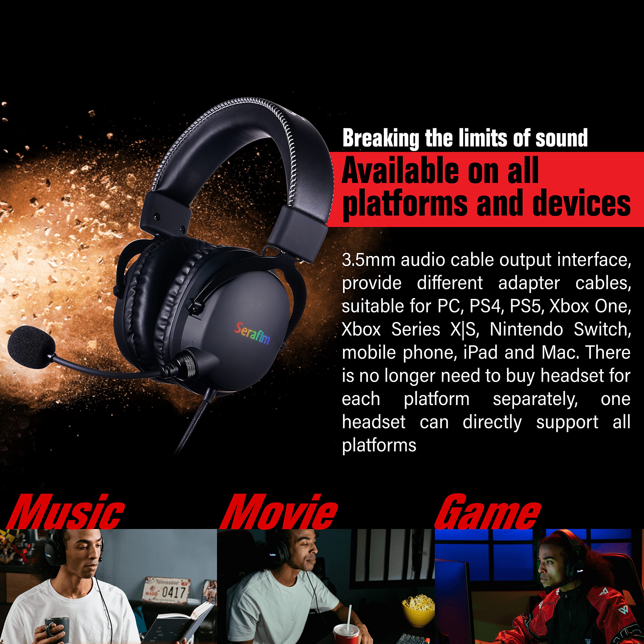 Serafim A1 Gaming Headset with Exclusive Equalizer Detachable Mic Bass Boost 3D Surround Sound for PC Xbox One Series X|S PS5 PS4 Nintendo Switch Mac iPhone Mobile 3.5mm Jack - Wired Black