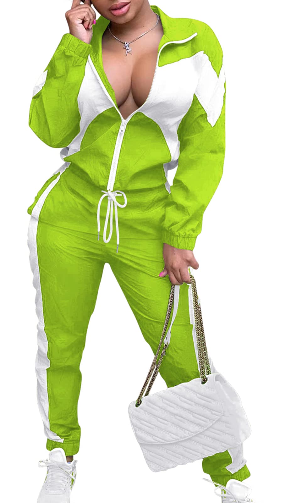 Rodawu Women's Patchwork Color Block Tracksuit 2 Piece Outfits Casual Long Sleeve Full Zip Jacket Pants with Pockets Sweatsuits Fluorescent Green Large