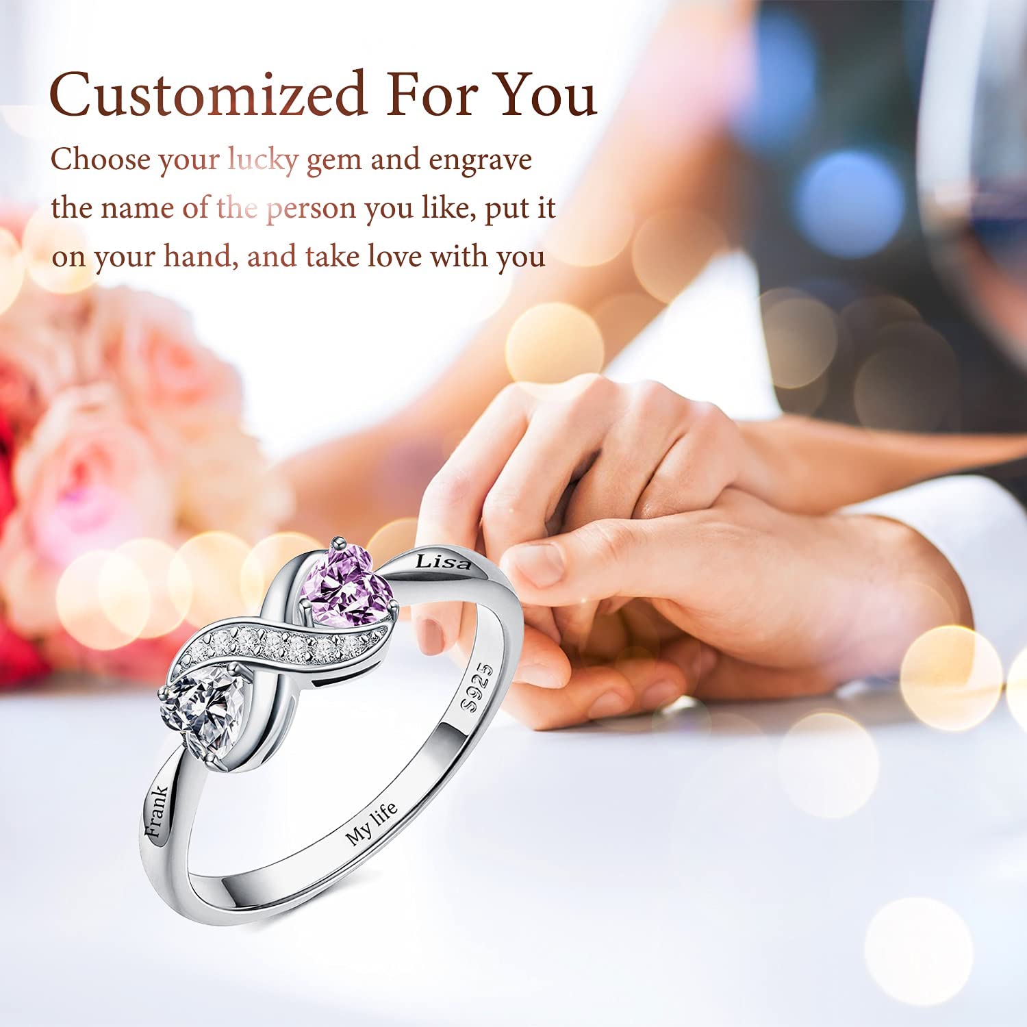 LUCA SMITH Sterling Silver Anniversary Rings Engagement Ring Promise Rings For Women 2 Heart Birthstones 2 Name & 1 Engraving Customized & Personalized Ring