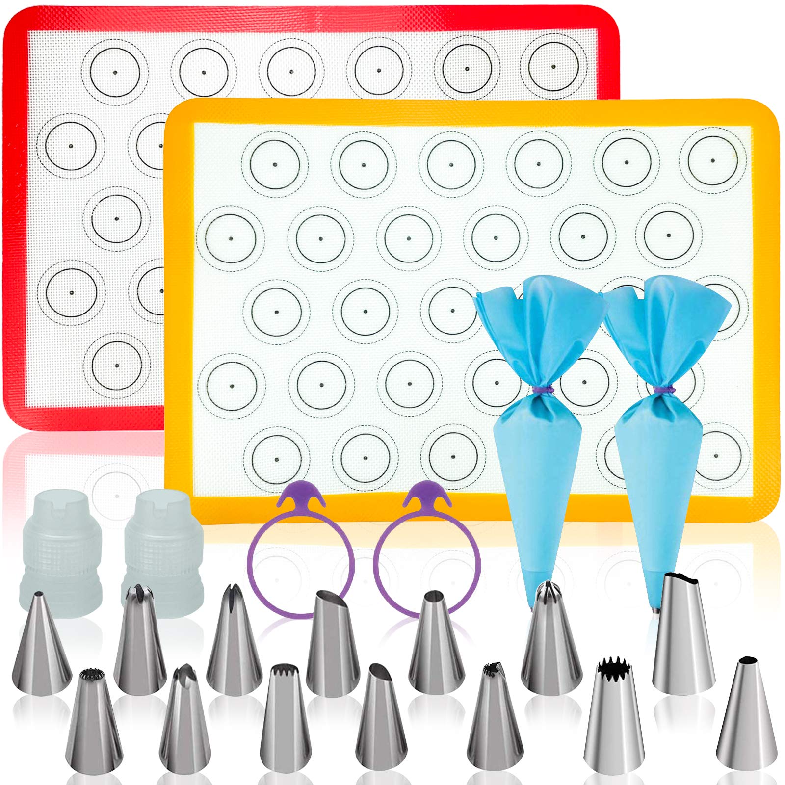 Tailpa Macaron Baking Kit Silicone Mat(22 Pcs Set), Macaron Baking Supplies, Baking Set of 2 Half Sheet Macaron Silicone Mats (16.5"x11.5"), 14 Piping Tip, 2 Piping Bag,2 Bag Tie, 2 Coupler