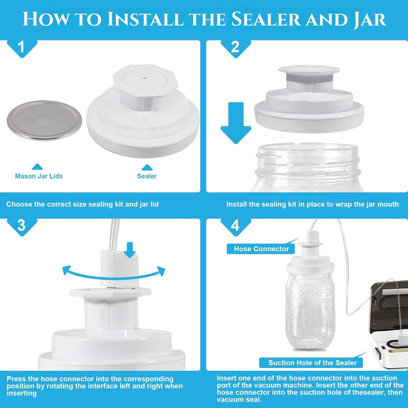 Mason Jar Vacuum Sealer Kit for Food Saver Jar Sealer Attachment,Food Storage with Accessory Hose for Regular and Wide Mouth Mason Jars