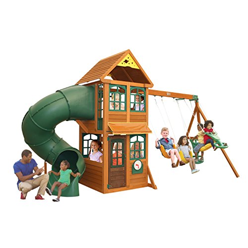 KidKraft Cloverdale Wood Swing Set/Playset with Slide, Rock Wall, Glider and Swings,Gift for Ages 3-10