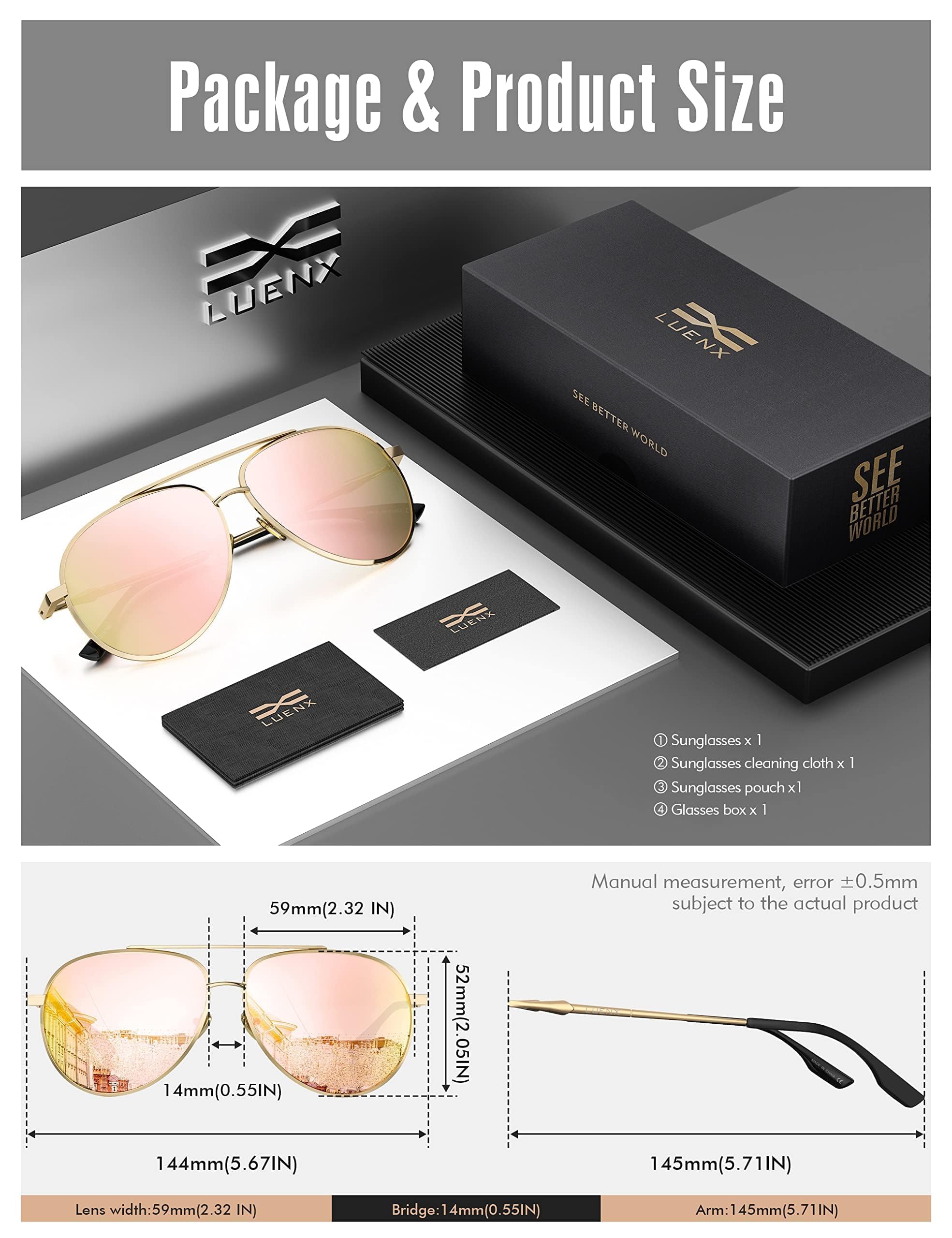 LUENX Men Women Aviator Sunglasses Polarized - UV 400 Protection Black Non Mirror Lens Metal Frame with Accessories 60mm