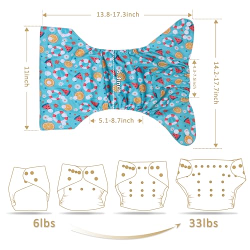 TDIAPERS Baby Cloth Diapers Washable Reusable One Size Adjustable for Baby 6 Pack with 6 Pcs Microfiber Inserts, 1 Wet Bag
