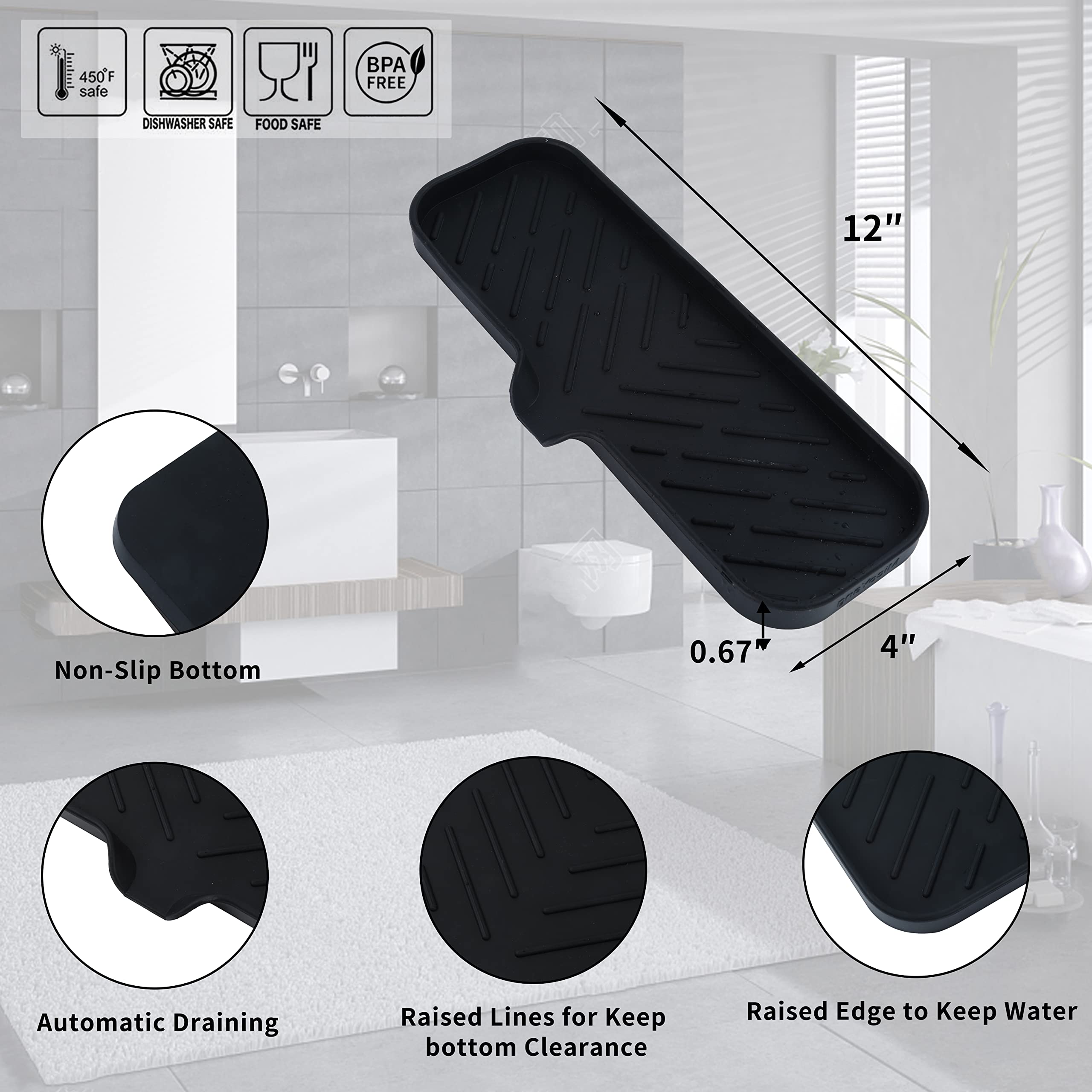 MicoYang Silicone Bathroom Soap Dishes with Drain Spout-Bathroom and Kitchen Sink Organizer,Sponge Holder,Dish Soap Tray,Perfect for Dispenser,Scrubber,Bottle,Cup on Sink or Counter-Black 12"×4"