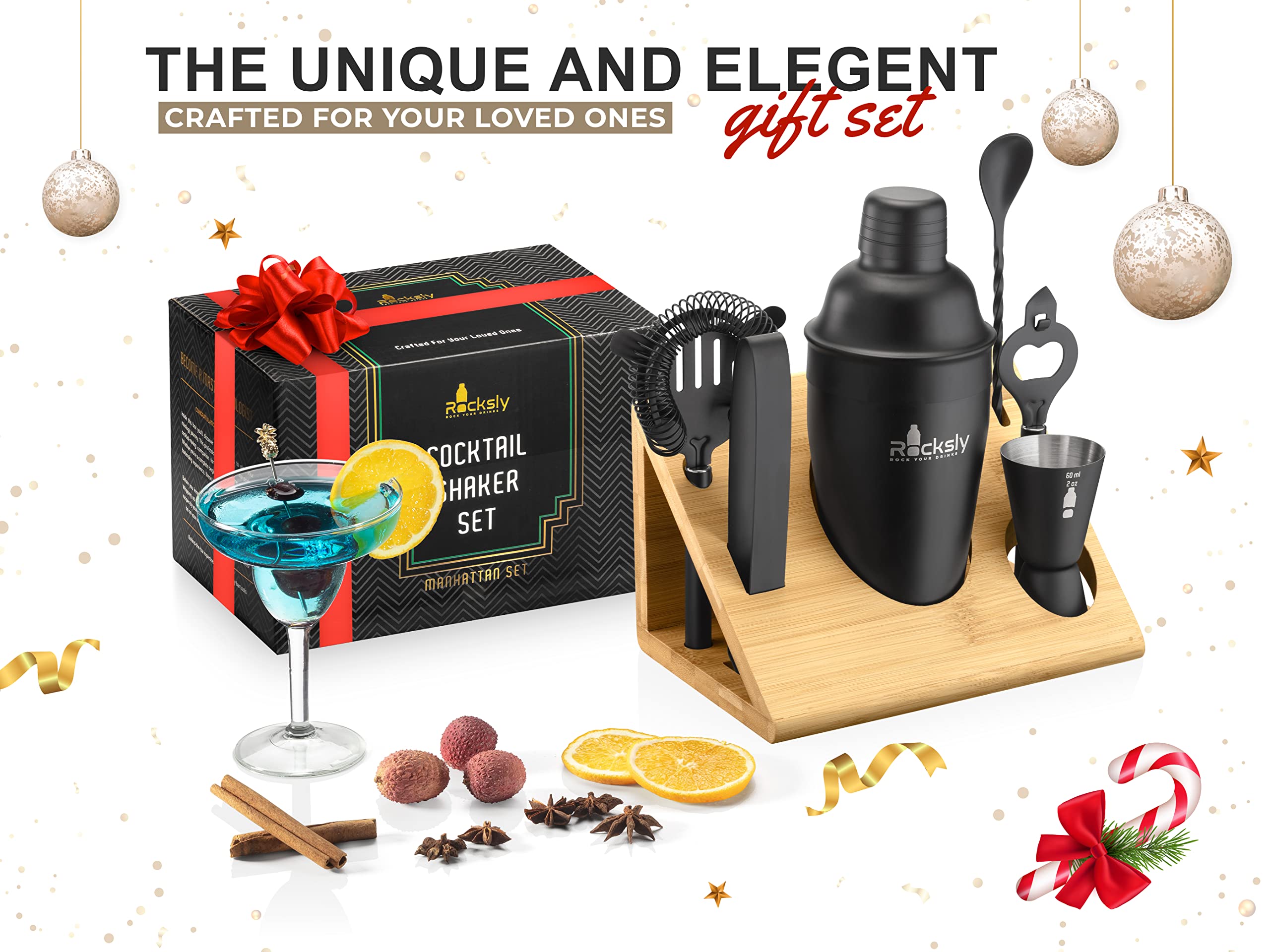 ROCKSLY Mixology Bartender Kit and Cocktail Shaker Set for Drink Mixing | Mixology Set with 6 Bar Set Tools and Bamboo Stand Makes It The Perfect Home Cocktail Kit | Complete Bartender Kit (Black)