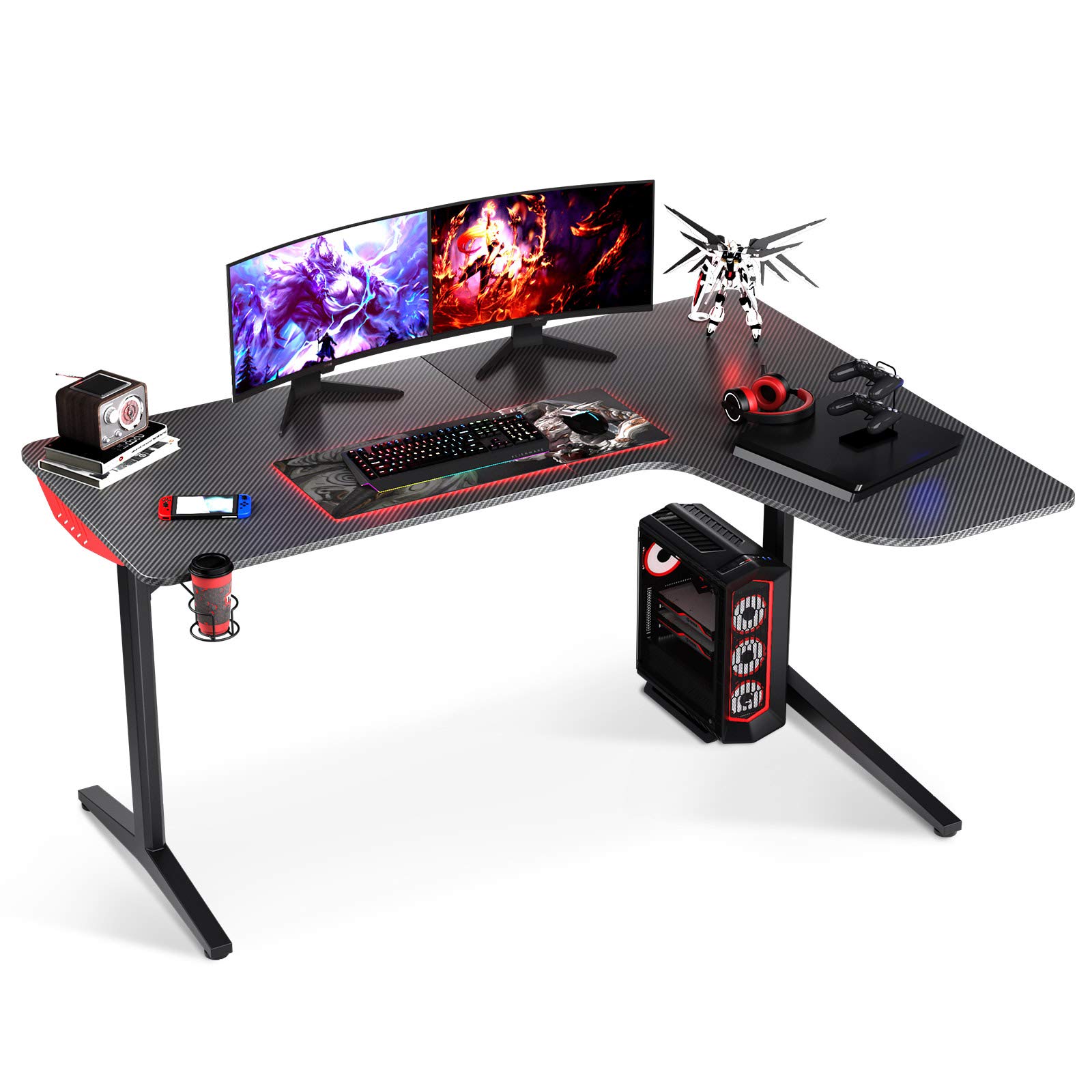 MOTPK Large L-Shaped Gaming Desk, 60 inch Corner Computer Gaming Desk, Writing Studying Table PC Laptop Workstation for Home Office, with Mouse Pad and Cup Holder