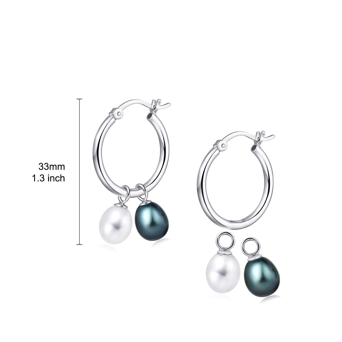 MOLAH 925 Silver Multi-use Hoop Sade Earrings 7-7.5mm Cultured Freshwater Drop White and Black Peacock Pearl 4-in-1 Rhodium Plated