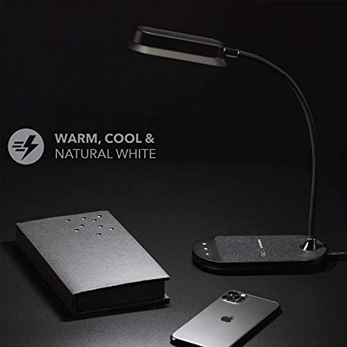 MOMAX LED Desk Lamp with Wireless Charger, Flexible Gooseneck Table Lamp, 3 Color Modes, Touch Control, Dimmable, Small Eye-Caring Table Light for Kids Home Office Living Bedroom Study (Black)