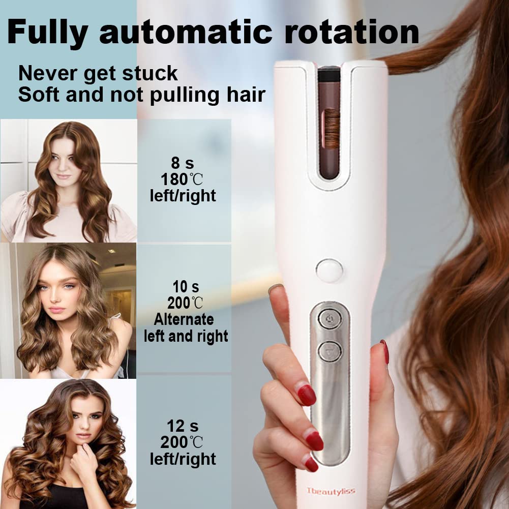 LANSE Rechargeable Cordless Automatic Hair Curler Portable Curling Stick Thermal Insulation Anti-scalding Design Smart Constant Temperature Curling Iron (White)