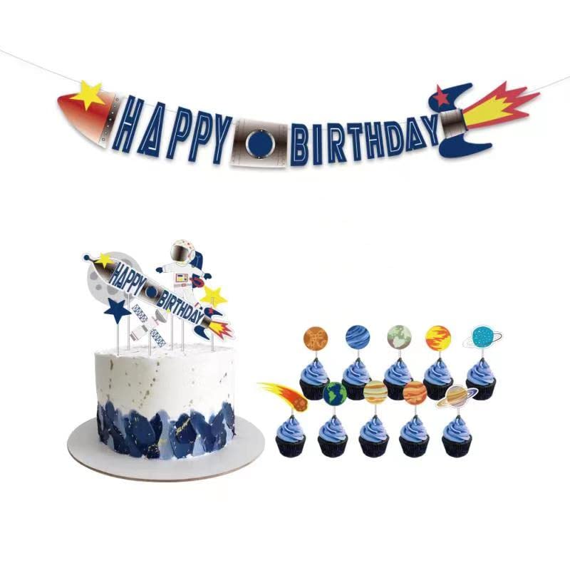 Space Themed Birthday Party Banner and Cake Decorations Kit Solar System Outer Space Galaxy Rocket Blast Off Astronaut Birthday Party Decorations for Kids Birthday Universe Baby Shower Party