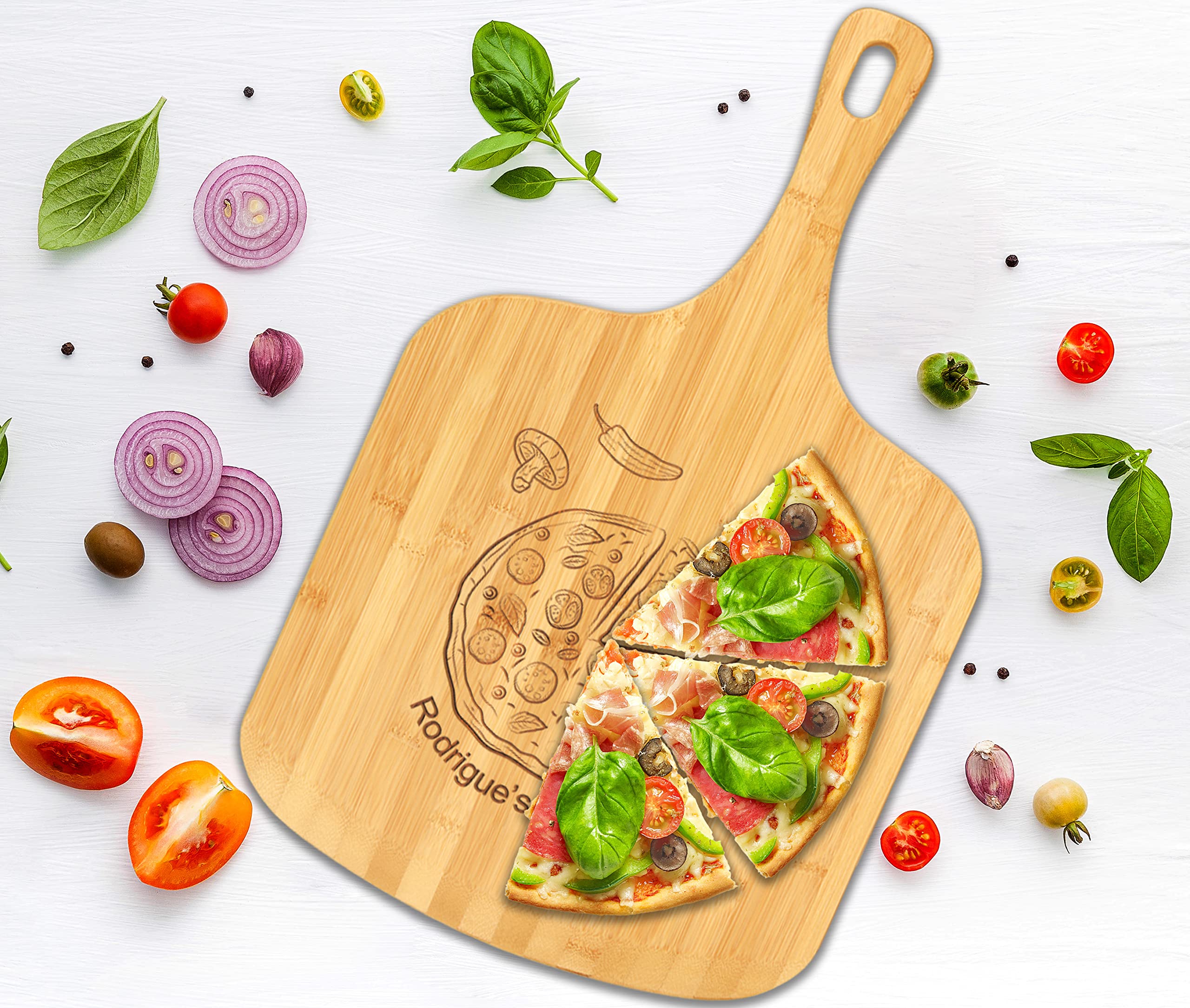 Personalized Bamboo Pizza Board with Handle Customized Wood Serving Cutting Pizza Board with Engraved Custom Name Monogram โ Wedding, Anniversary, Housewarming, Birthday, Mom, Dad Gift