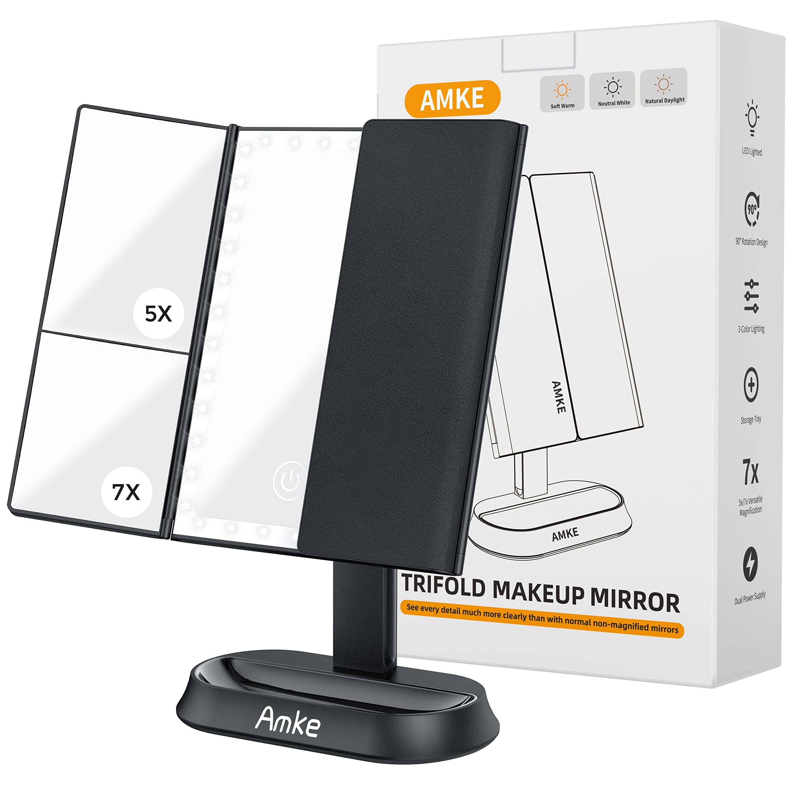 Makeup Mirror with Lights and Magnification, 1X/5X/7X Magnification, Trifold Makeup Mirror, Lighted Makeup Mirror, Smart Touch Screen, Portable Travel Make up Mirror, Women Gift (Black)