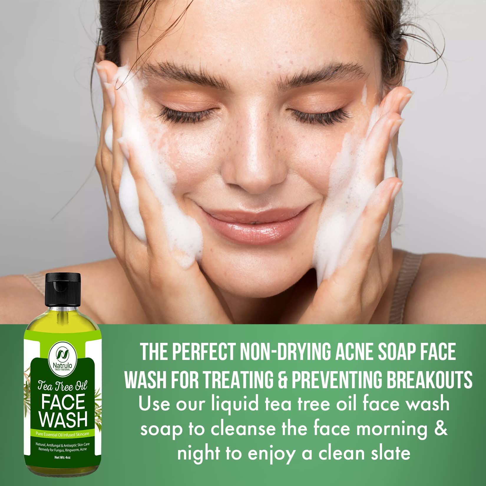 Tea Tree Oil Face Wash, 4oz β Tea Tree Soap Natural Skin Cleanser β Pure Essential Oil Infused Skincare Cleansing Face Soap, Made in USA