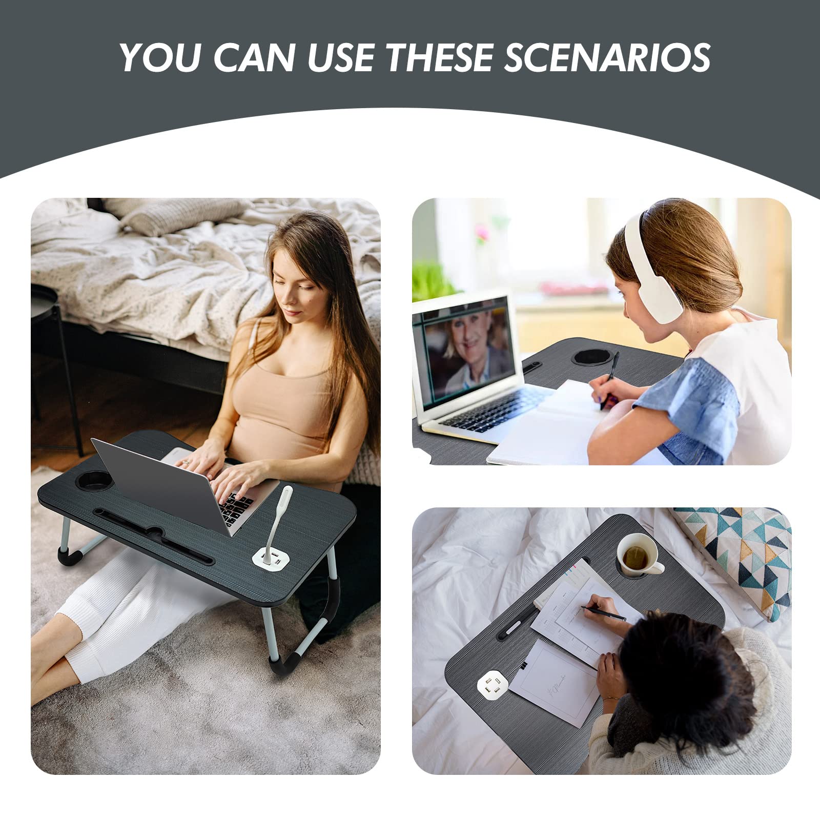Lap Desk for Laptop, Foldable Bed Desk Table with USB Charge Port/Cup Holder/Storage Drawer, Laptop Stand for Bed/Couch/Sofa Working, Reading