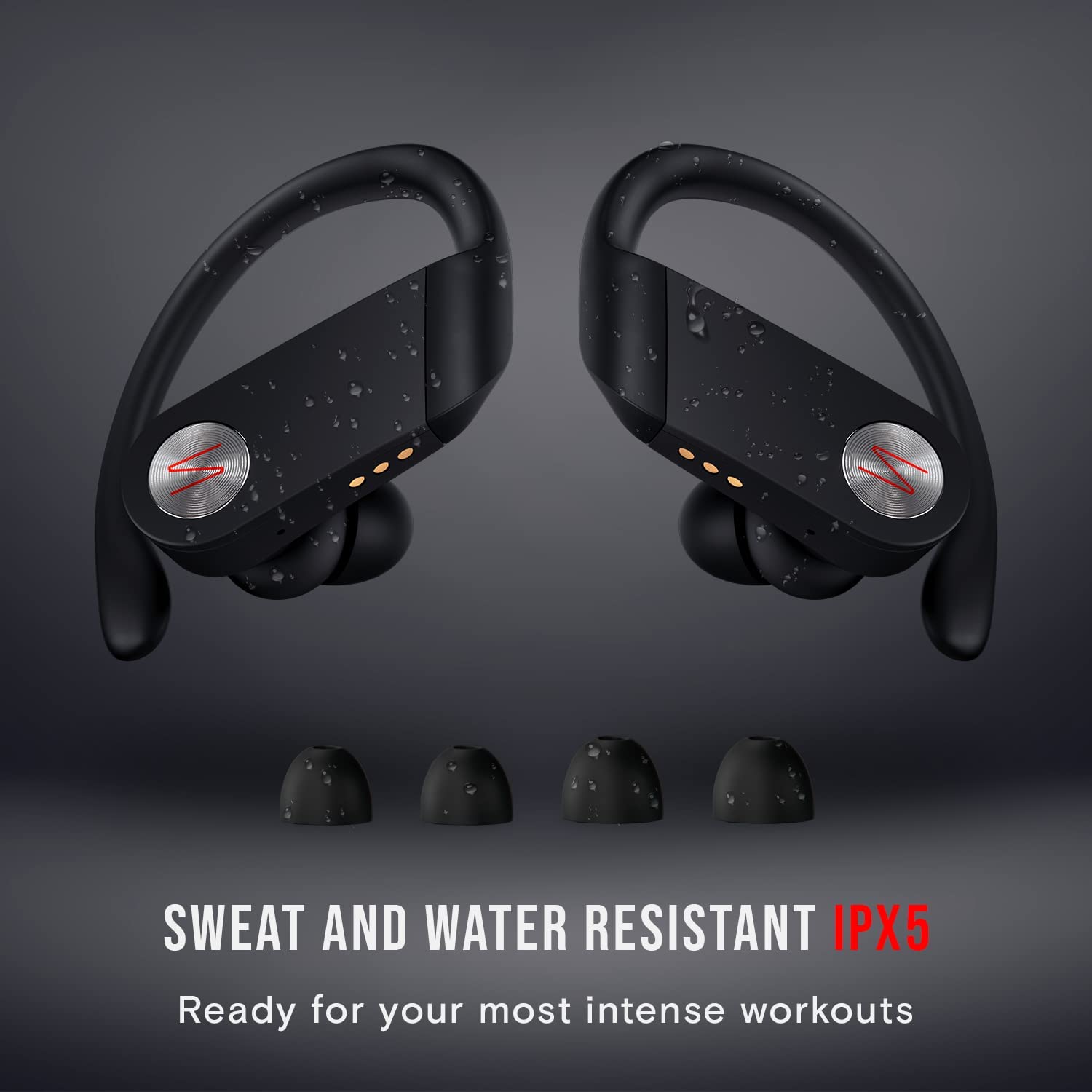 Symphonized Sports Wireless Earbuds - Water Resistant Bluetooth Headphones with Microphone, Earhooks and LED Charging Display, Black