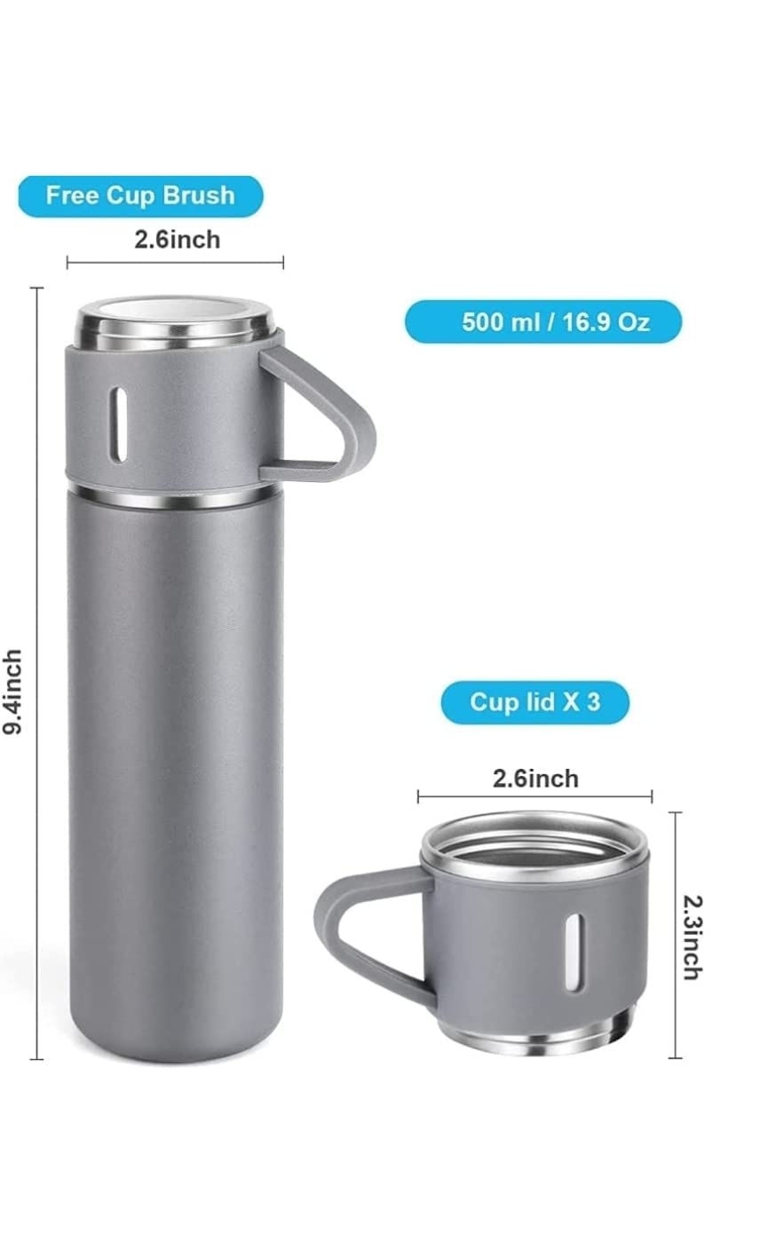 Stainless Steel Thermo 500ML/16.9oz Flask Double Wall Sports Bottle Vacuum Insulated for Coffee Hot Drink and Cold Drink Water Flask with 2 Cups(Gray,Set)